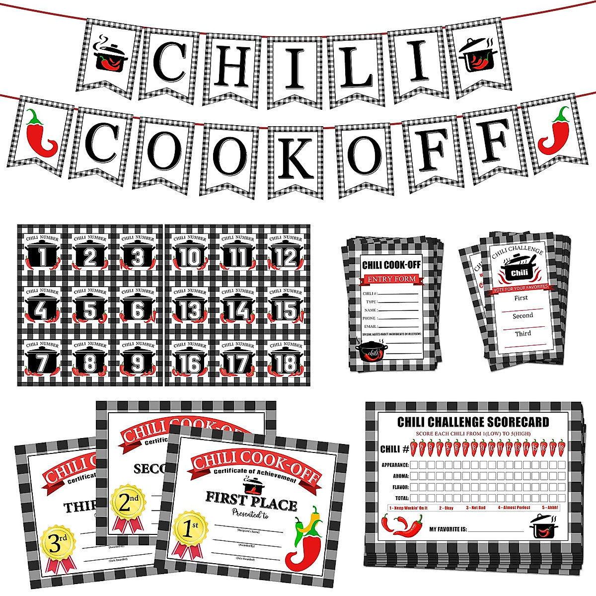 Chili Cook Off Contest Party Kit,Chili Cook off Banner,Chili Contest Entry Forms,Pot Numbers,Chili Tasting Score Cards,Chili Competition Voting Cards,Certificate of Commendation