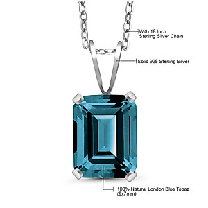 Gem Stone King 925 Sterling Silver Gemstone Birthstone Necklace | Emerald Cut 9X7MM Pendant Necklace for Women | With 18 Inch Silver Chain