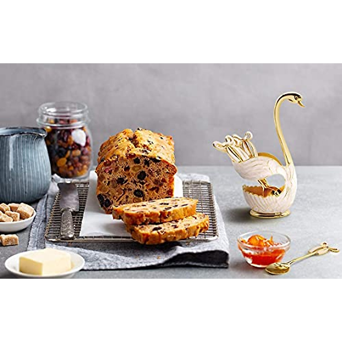 Flylin Coffee Spoon Holder Coffee Dessert Spoon Set Metal Swan Base Holder Spoon Organizer with 6pcs Ice Cream Spoons Teaspoons Coffee Dessert Flatware (Gold)