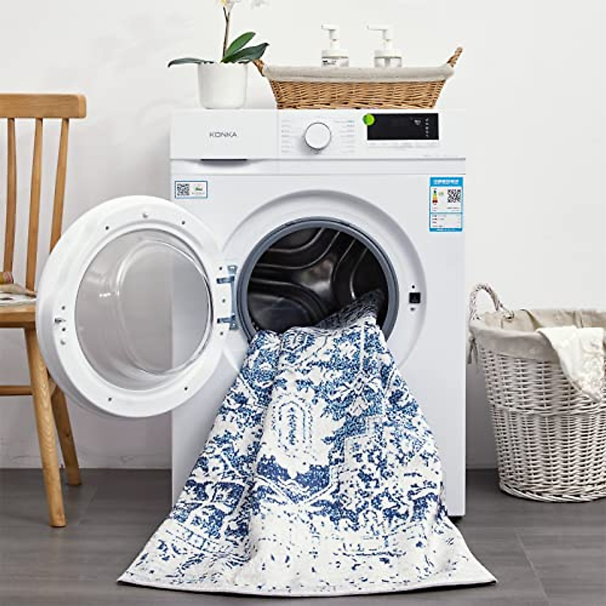 RoomTalks Blue Ultra Thin Vintage Distressed Persian Around Area Rug 5ft Non-Slip Circle Rugs for Bedroom Living Room Dining Room Table Office Flatweave Stain Resistant Machine Washable