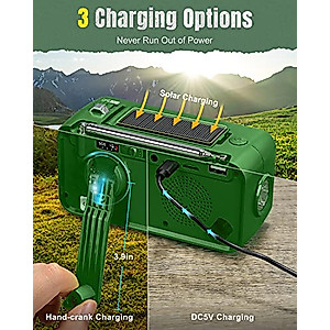 PRUNUS 3600mAh Emergency Radio Hand Crank/Solar/USB Charging, Bluetooth Speaker, Flashlight,Phone Charger,SOS Alarm, Power Bank, MP3,7 NOAA Weather Radio, Portable Radio Transistor AM FM