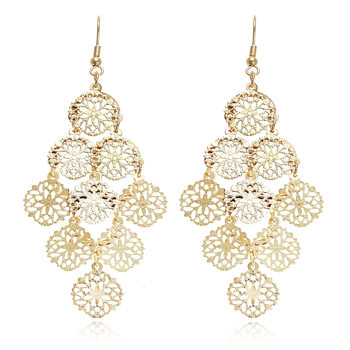 Boho Geometric Filigree Rhombus Shape Tiered Dangle Drop Statement Earrings (SHINE GOLD)
