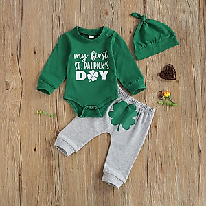 Newborn Baby Boys My First St. Patrick's Day Outfits Green Long Sleeve Romper Clover Print Trousers Hat 3Pcs Set (1#Green, 6-12 Months)