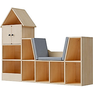Cozy Castle 56.9" Wooden Kids Bookshelf with Reading Nook, Kids Bookcase with Detachable Cushions,Toy Storage Organizer with 9 Cubes and 2 Doors for Bedroom, Playroom, Oak