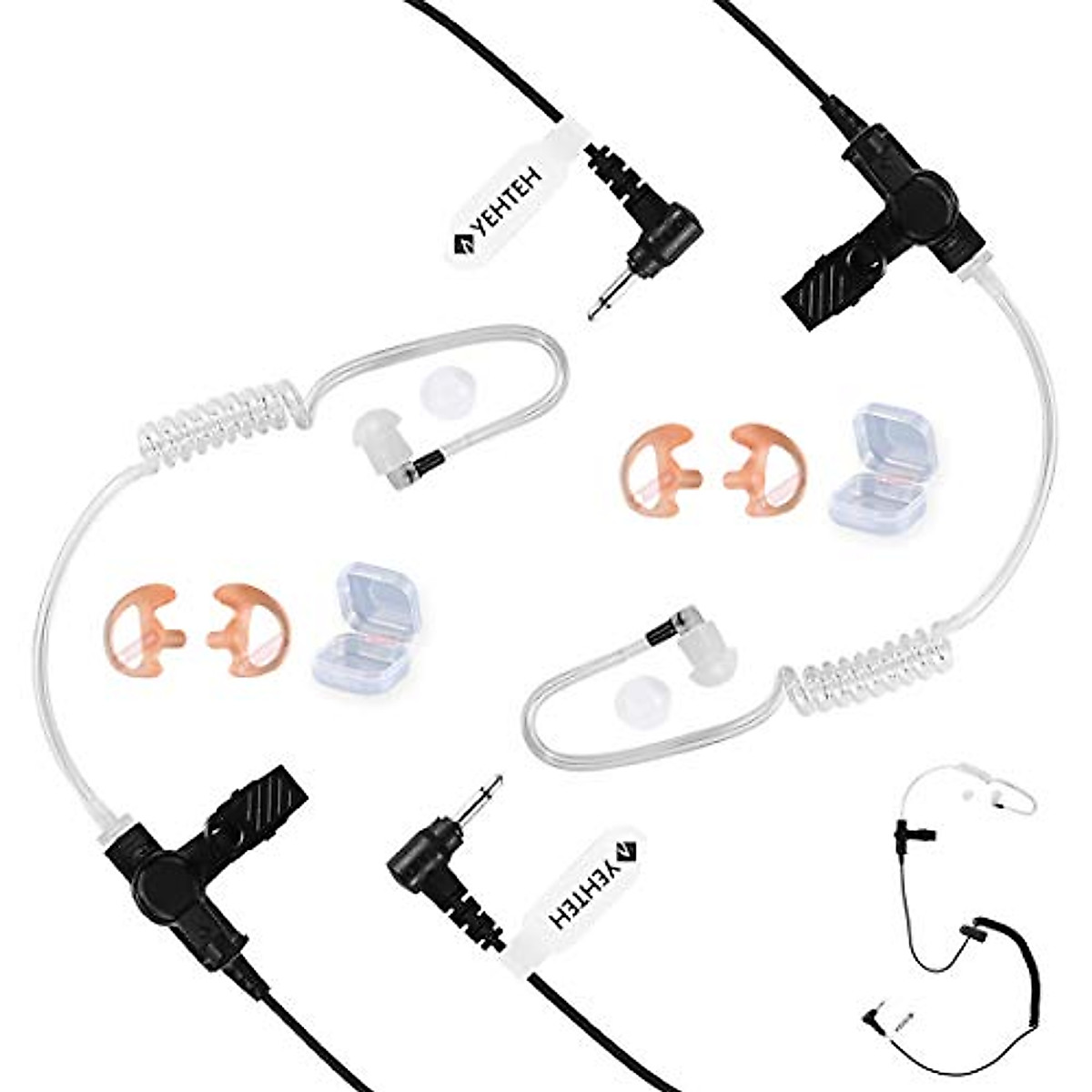 3.5mm 2 Pack YEHTEH Listen Only Earpiece, Acoustic Tube Surveillance Earphone, 3.5mm Receive only Headset Compatible with Two Way Radio, Radio Speaker Mics Jacks. (Includes 2 Pairs M Size Earmold).