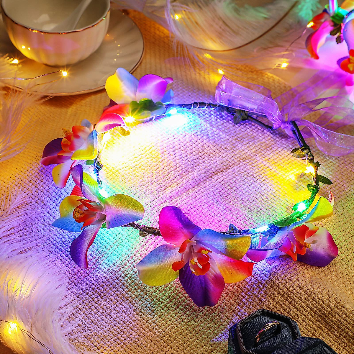 Sinmoe Flower Crown Headband, 6 Pcs Tropical LED Flower Wreath Light up Headband Glow in the Dark, Floral Costume Headwear for Women Girl Adult Birthday Party