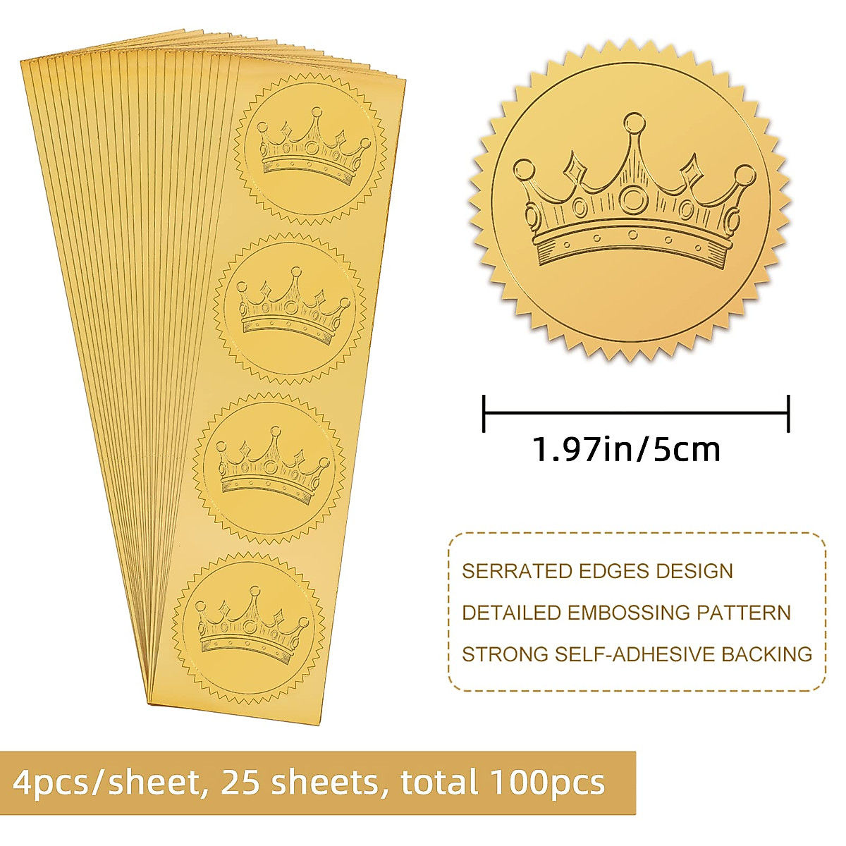 CRASPIRE 100pcs Crown Stickers 2" Gold Certificate Seals Embossed Gold Foil Round Self Adhesive Embossed Stickers for Wedding Invitations Envelope Graduation Notary Corporate Monogram Seals