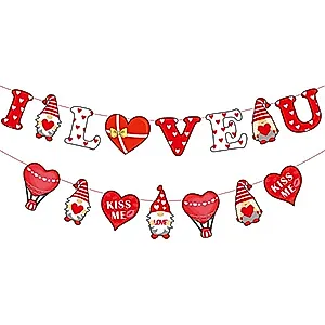 I Love You Gnomes Banner, Valentine's Day Decorations Banners Wedding Anniversary Engagement Banners Garland Photo Props Banner for Party Home Decorations