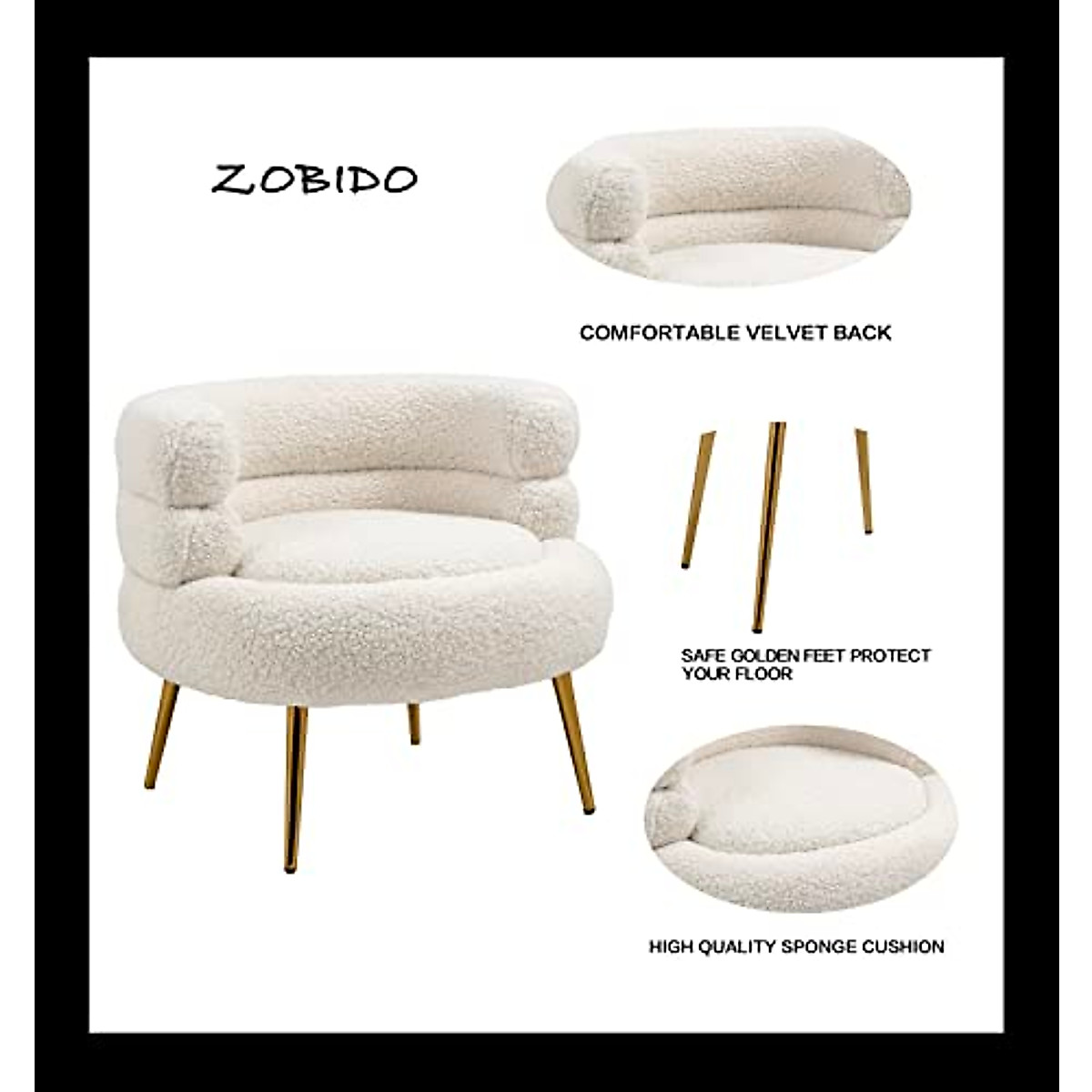 ZOBIDO Modern Accent Lambhair Chairs Comfy Upholstered Vanity Chairs for Bedroom Armchair Dining Chairs with Golden Metal Legs Desk Chair Single Person sofafor Living Room(White)