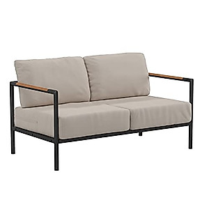 Flash Furniture Modern Patio Loveseat With Cushions - Contemporary Black Frame and Teak Accented Arms - Beige Cushions - Zippered Removable Covers