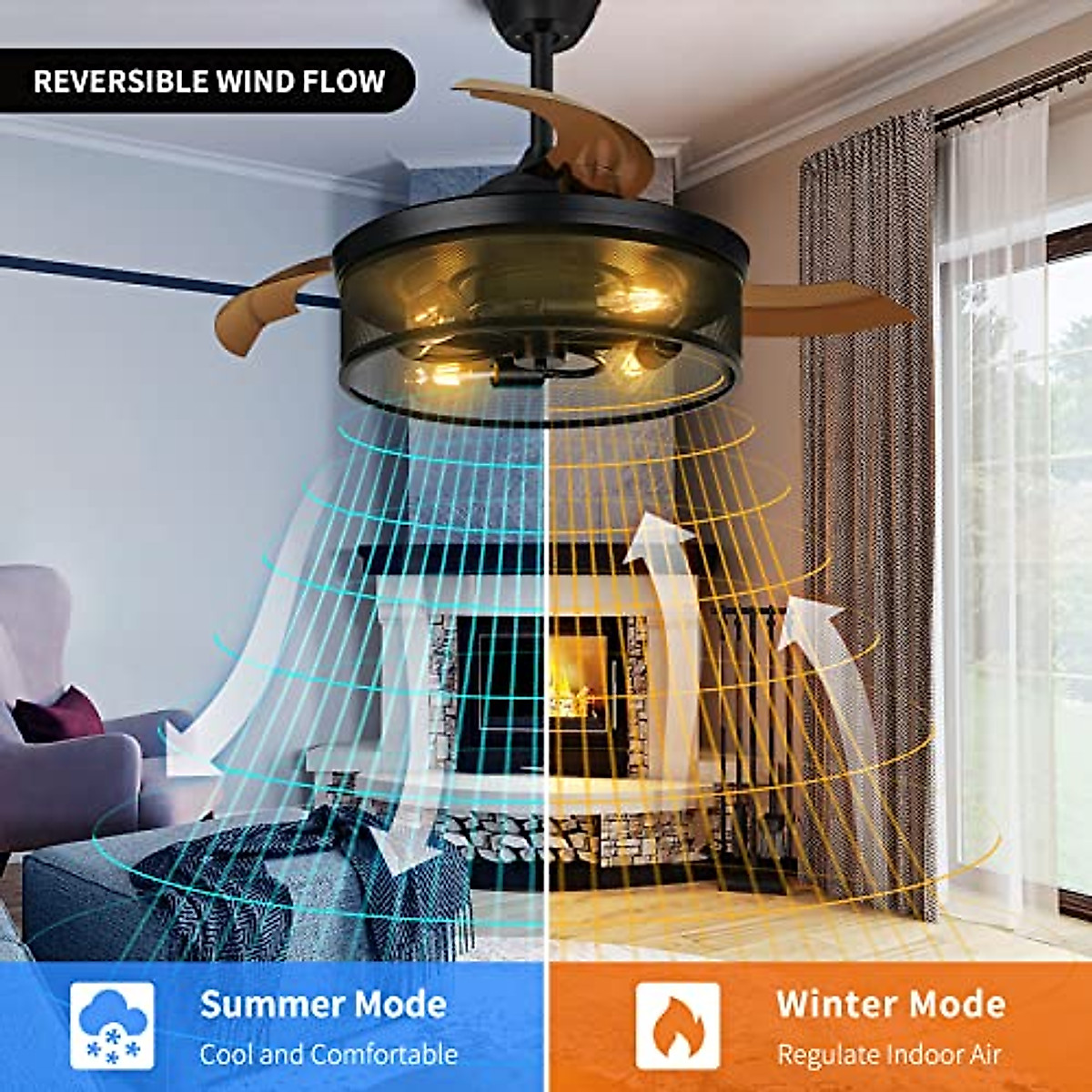 NEWORB 42 Inch Retractable Ceiling Fan with Lights, Reversible 6 Speeds Farmhouse Cage Fans Industrial Hidden Blade Ceiling Fans with Light and Remote, for Living Room, Bedroom, Patio, Black