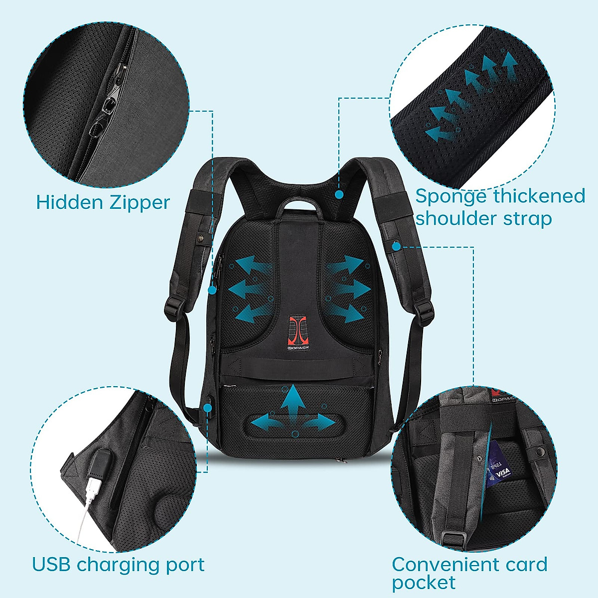 KOPACK Security Backpack, 15.6 Inch Laptop Backpack with Hidden Anti-Theft Zipper and USB Port, Stylish Waterproof Business College Travel Commuter Backpack, with Rain Cover-Grey Black Bag