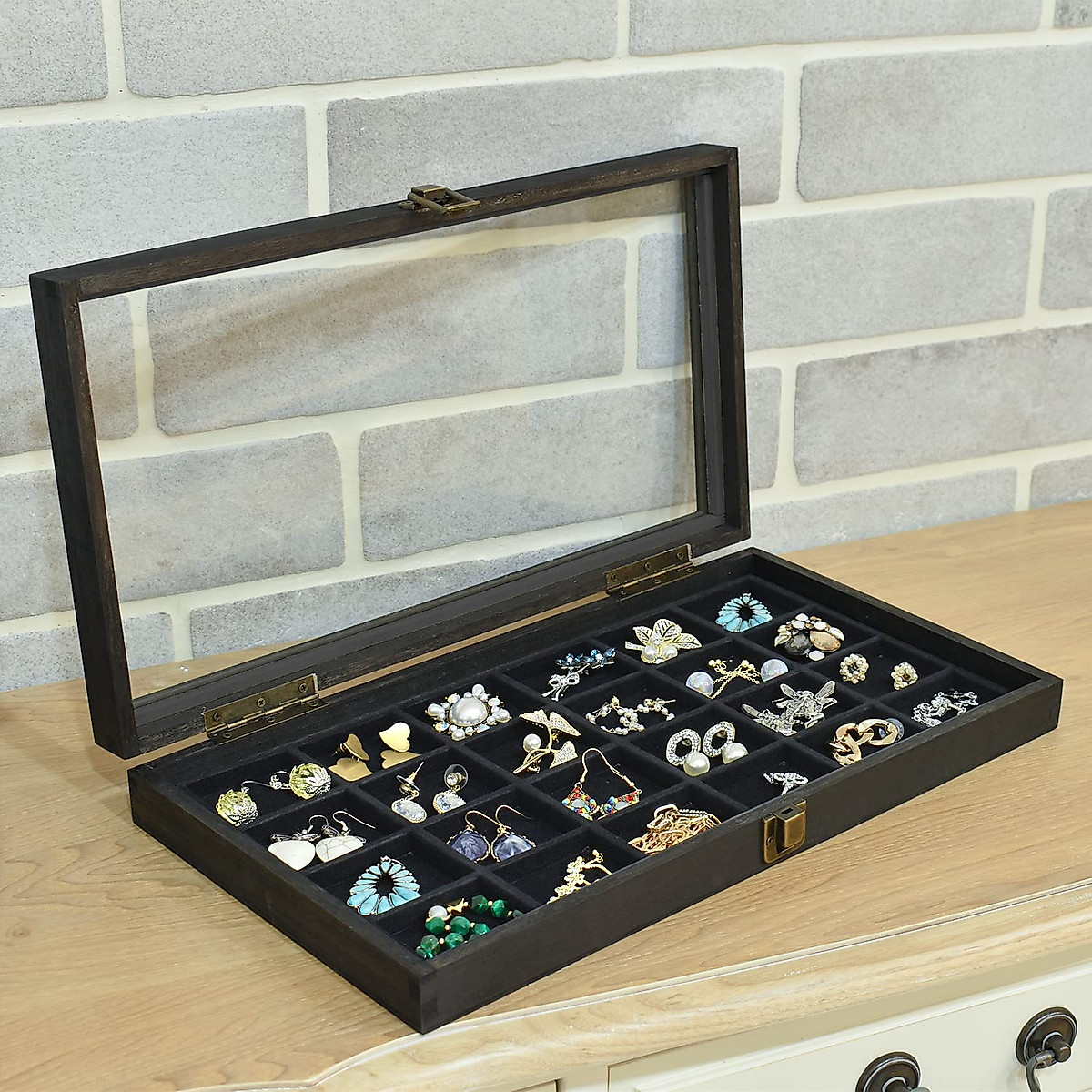 MOOCA Natural Wood Tempered Glass Top Jewelry Display Case Accessories Storage Box with Metal Clasp & Removable 24 Compartment Flocked Tray Liner, Wooden Jewelry Tray for Collectibles, Black