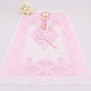 Islamic Elite Favors Personalized Muslim Lightweight Travel Prayer Rug Prayer Beads Set, Prayer Mat Tasbeeh Set, Ramadan Eid Hajj Umrah Wedding Birthday Graduation Mother's Day (Pink)