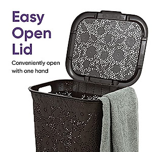 Laundry Hamper With Lid Lace Design 50 Liter - Brown Laundry Hamper Basket With Cutout Handles, Rectangular Shape Modern Style Bin - Dirty Cloths Storage. By Superio