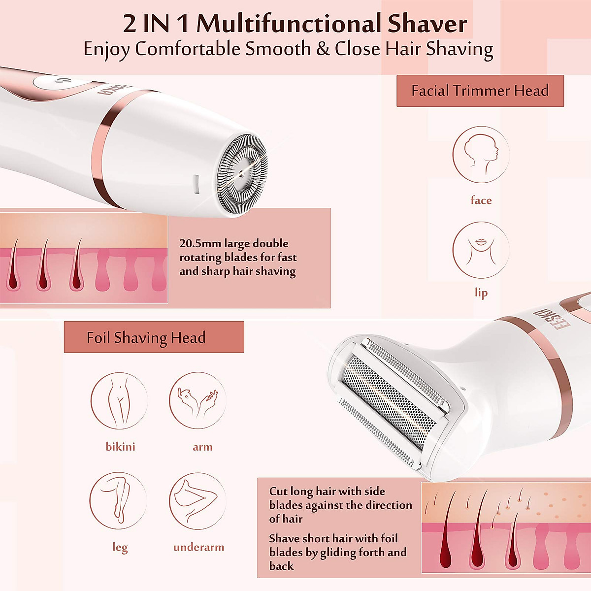 EESKA Bikini Trimmer for Women, 2-in-1 Rechargeable Womens Electric Shaver Pubic Hair Trimmer for Legs Arm and Bikini Hair, Painless Hair Removal Groomer Kit, IPX7 Waterproof (2-in-1 Shaver, White)