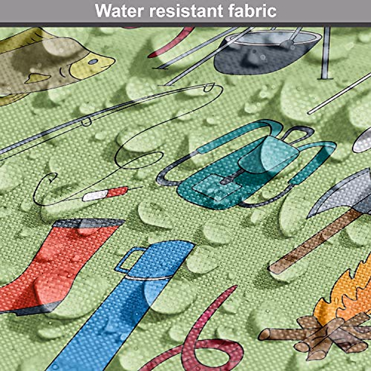 Ambesonne Fishing Theme Fabric by The Yard, Angling and Camping Elements Rods Bags Tents Fishes and Boats, Decorative Fabric for Upholstery and Home Accents, 1 Yard, Green Red