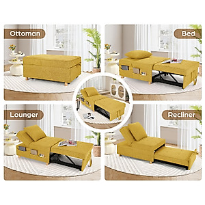 SEJOV Sleeper Sofa Chair Bed,4-in-1 Convertible Sofa Bed Chair with 6 Adjustable Backrest and Pillow, 3-Seat Pull Out Sleeper Chair Linen No Backrest for Bedroom Small Space Living Room, Yellow