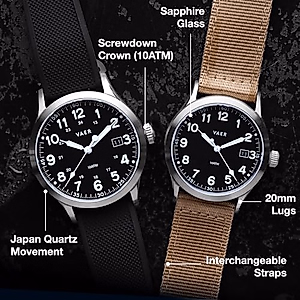 Vaer Men’s Field Watch, Quartz Movement for Accurate Timing, Scratch Resistant Sapphire Crystal, Locking Screw-Down Crown, Iconic Replica of The A-11 Military Watch for Men of WW2 - Gift Set for Men