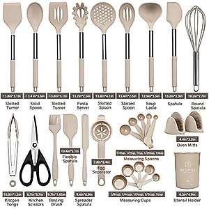 NCUE Cooking Utensils Set, 28 Pcs Silicone Kitchen Utensils Set with Holder, Silicone Whisk, Spatulas, Scissors, Measuring Cups and Spoons Set with Stainless Steel Handle Kitchen Gadgets (Khaki)