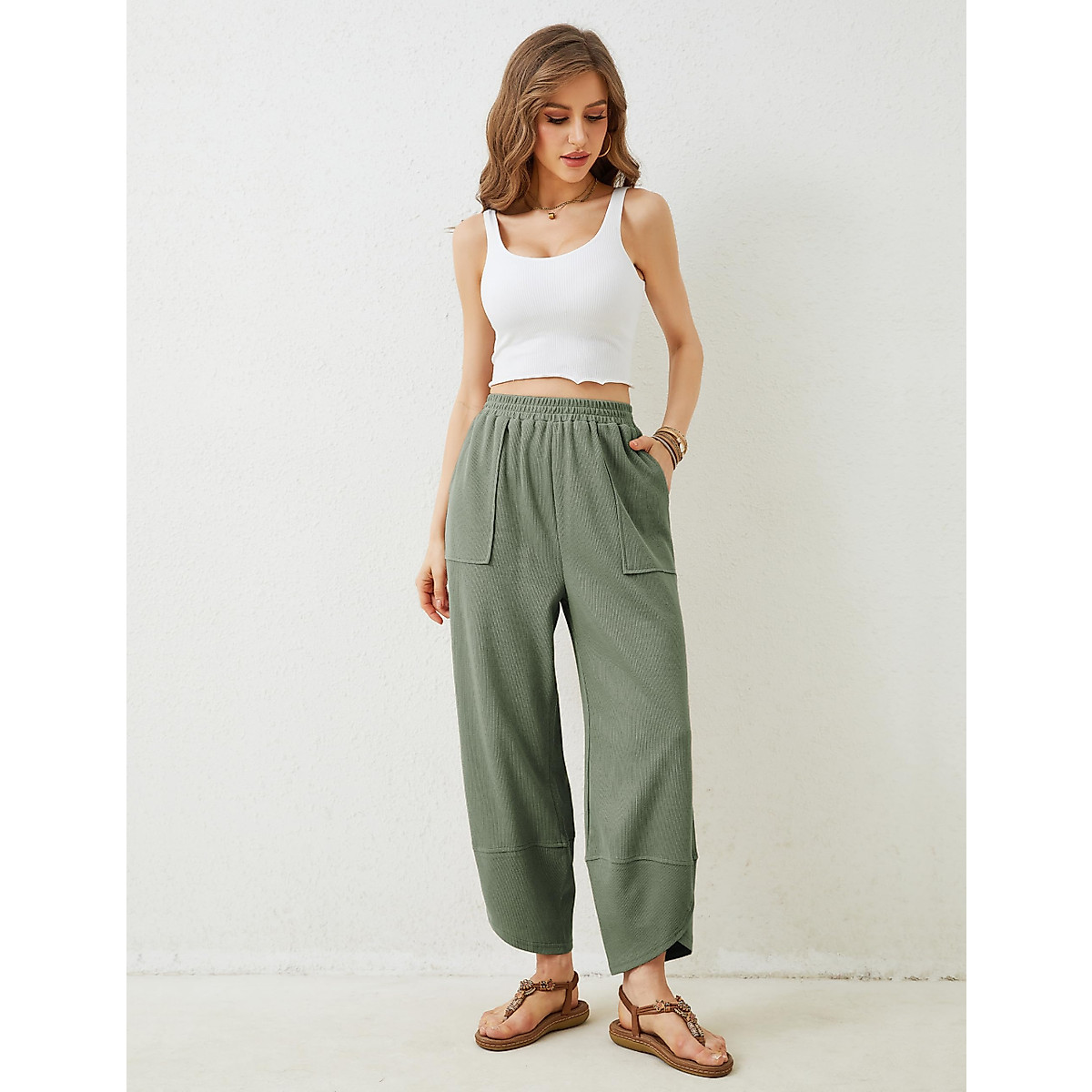 Xiaoxuemeng Womens Baggy Wide Leg Pants Casual Elastic Waisted Palazzo Harem Pants with Pockets (Green-M)