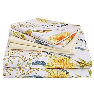 JSD 6 Piece Yellow Floral Print Sheet Set Queen Size, Soft Botanical Microfiber Sheets and Pillowcases Deep Pocket