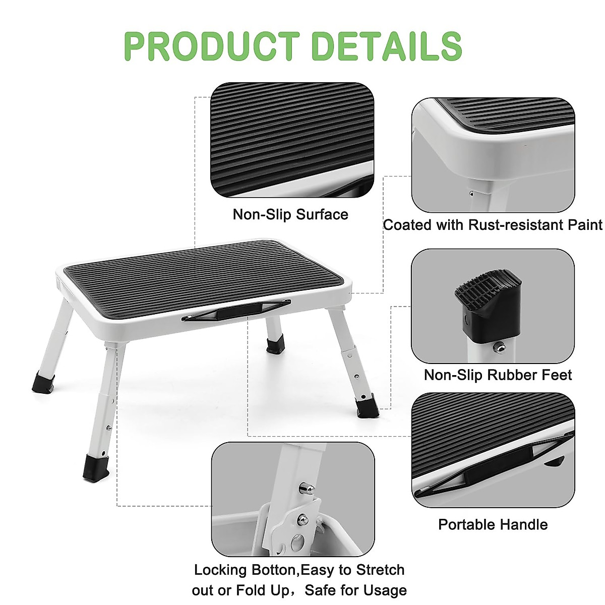 Step Stool,Folding Step Stools for Adults,Kids,and Seniors,Adjustable Step Ladder with Anti-Slip Platform and Rubber feet,350 Ibs Capacity,Sturdy and Stable,for Bedroom,Kitchen,SUV,RV and More Use
