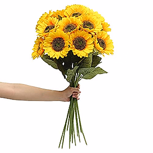 Laelfe 6PCS Artificial Sunflower Flowers Long Stem Silk Fake Sunflowers Decoration for Outdoor Home Wedding Birthday Party Single Bulk Yellow Decor(Dark Center)