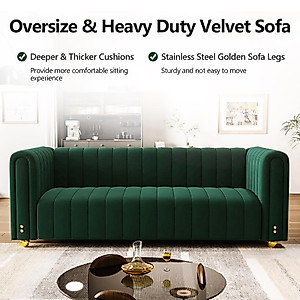 81.3'' Green Velvet Modern Mid Century Deep Seat Sofa, Oversized 3-Seater Loveseat Comfy Couch for Living Room and Apartment Furniture