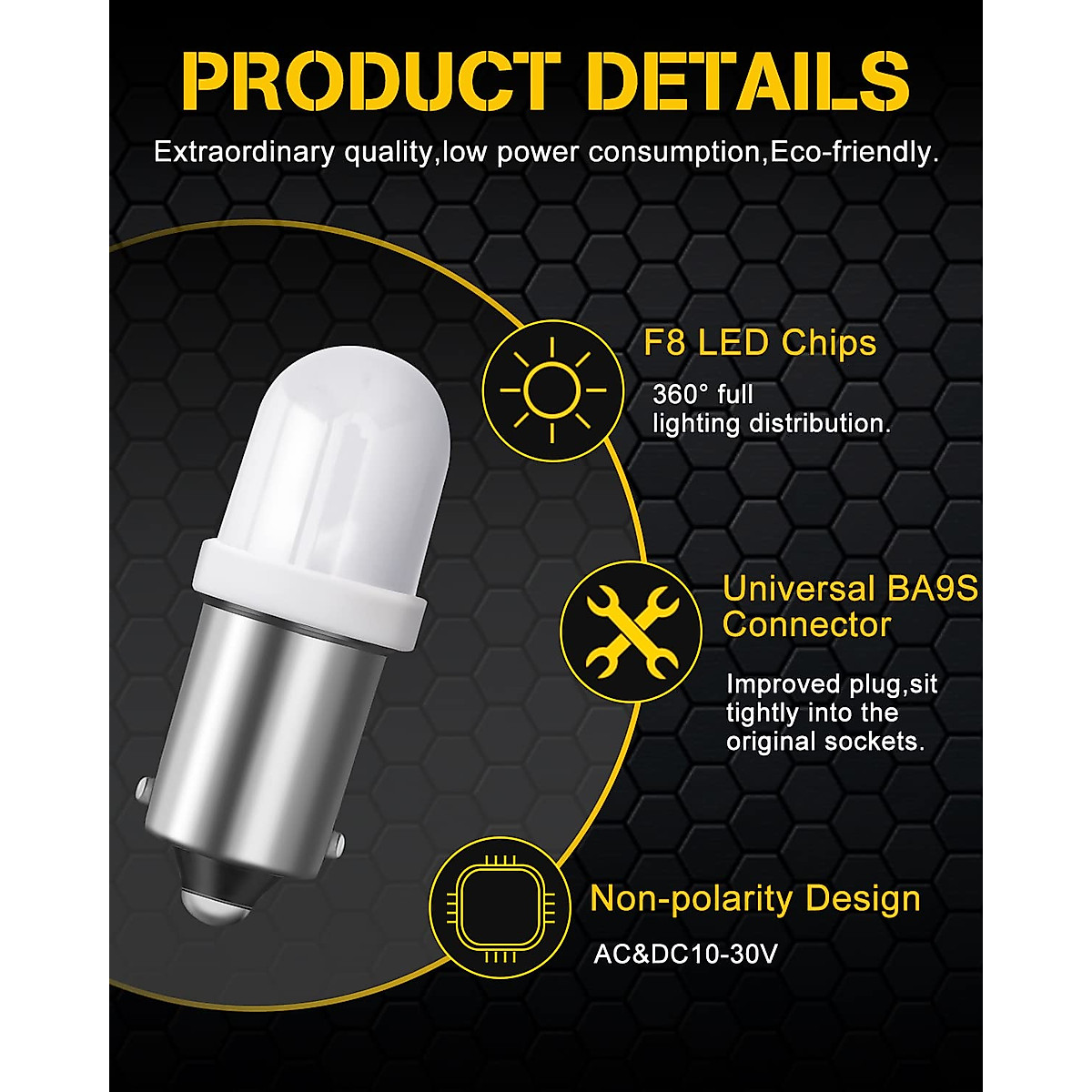 Qasim GE44 47 755 756 1893 1847 BA9S Led Bulb Pinball Machine Light Coin Display Game Bulb T11 BA9S Bayonet Led Bulb AC/DC 6V 6.3V Non-Polarity (Pack of 20 White)