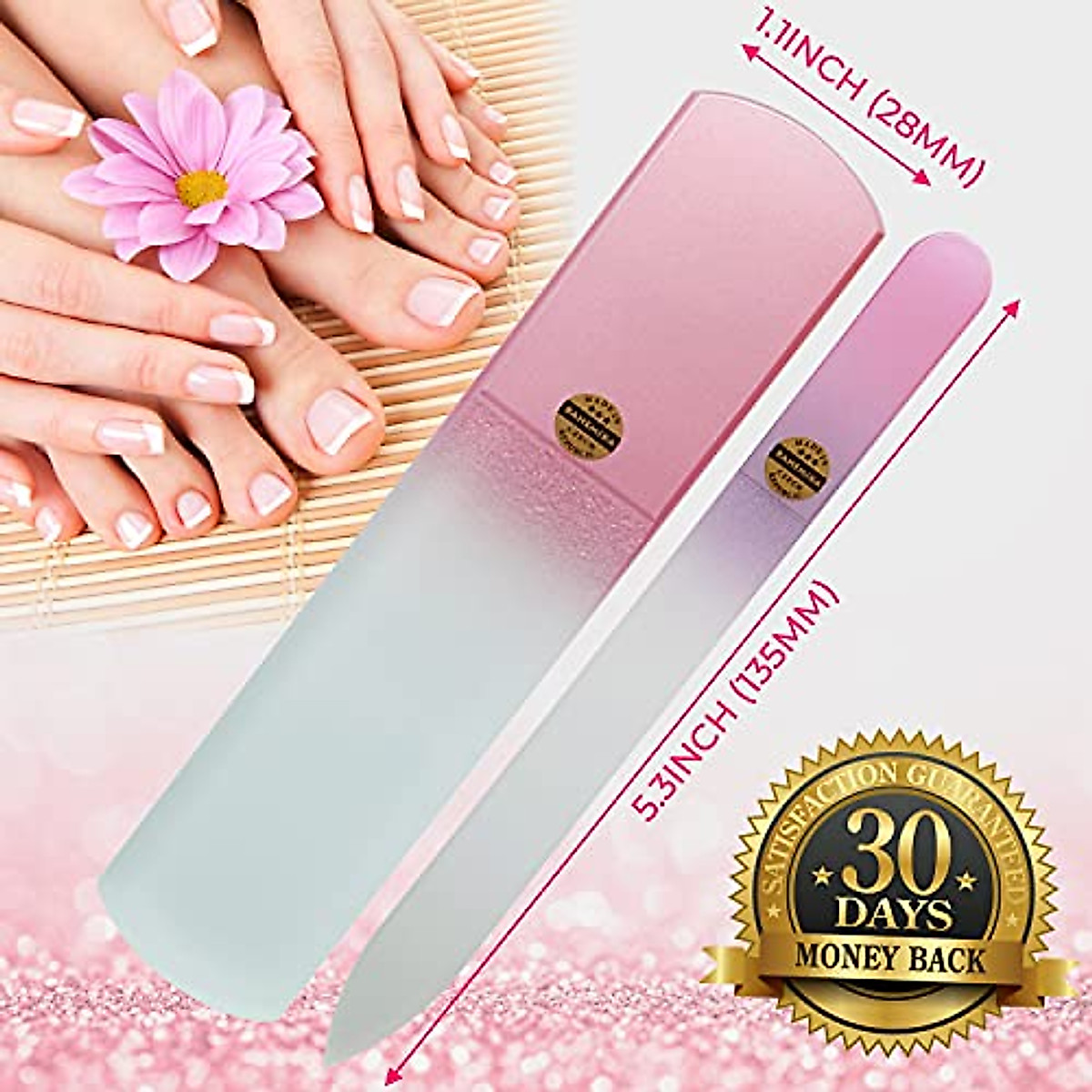 Czech Glass Nail File with Case - Glass Foot File Hand Callus Remover - Nice Gift Women - Crystal Nail Files For Natural Nails Glass Fingernail - Toenail Finger Board Sleeve Emery Boards 2 Files Set