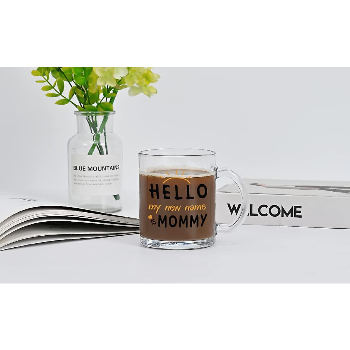 Modwnfy Mug Gift for Mom, My New Name Is Mommy Glass Coffee Mug, New Mommy Coffee Mug for New Mom Mom to Be First Mom Wife Daughter Sister, Mothers Day Baby Shower Gifts for Mother to Be, 11 Oz