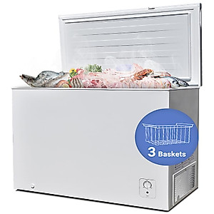 SMETA Deep Freezer, Chest Freezer 10.5 Cubic Feet, Chest 4 Wheels Adjustable Thermostat, Energy Saving for Garage, Kitchen, Office, Meat, Commercial with 3 Baskets, White