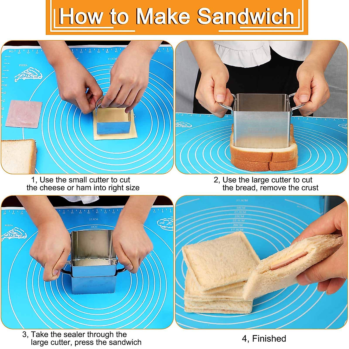 HULISEN Stainless Steel Decruster Sandwich Cutter and Sealer, Heavy Duty PB J Sandwich Maker, Remove Bread Crust, DIY School Lunch Pocket for Kids Child, Used for Square Biscuit Cutter, Gift Package