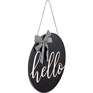 AuldHome Rustic Hello Door Hanger (12-Inch): Round Wood Plaque with Checkered Bow