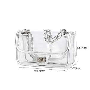 LAM GALLERY Womens PVC Clear Purse Handbag with Chain Stadium Approved Clear Bag See Through Bag for Working and Concert (Silver Silver Large)