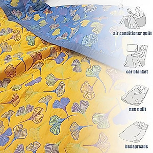 Bifqioy Ginkgo Leaf Pattern Cotton Reversible Quilt Lightweight Muslin Summer Comforter Queen Size Soft Breathable Bedspread Coverlet Washable Quilted Throw Blanket for Bed, Couch