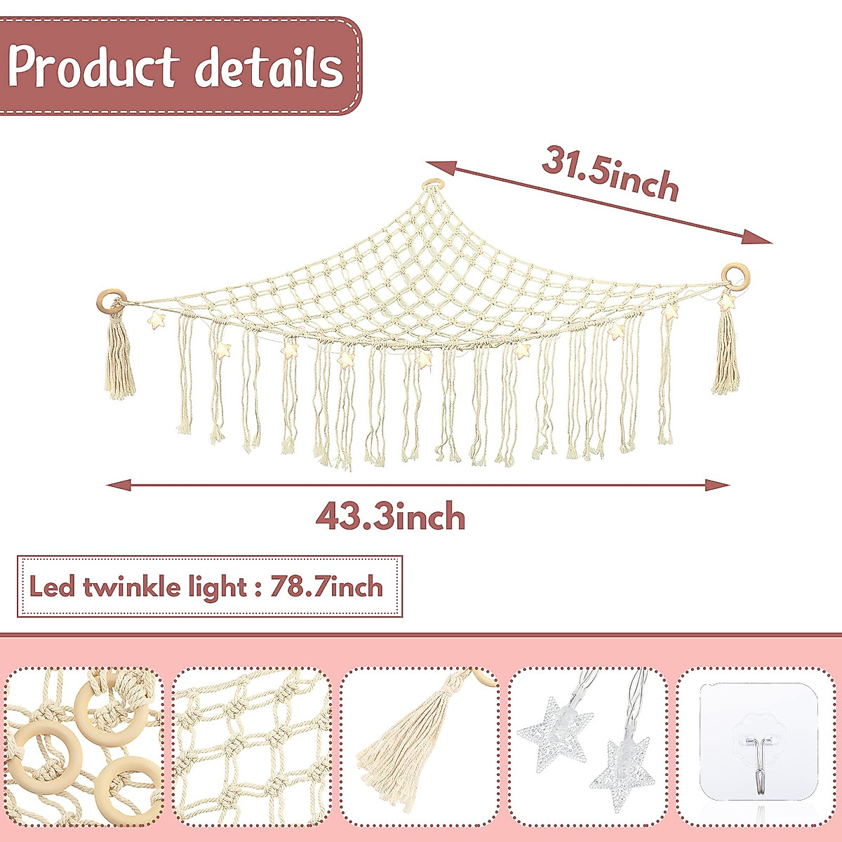 Stuffed Animal Net Hammock Macrame Boho Toy Hammock with LED String Light Stuffed Animal Hanging Storage Organizer Wall Corner Toy Net Holder Display with Tassel (Beige,43.3 x 34.6 x 34.6 Inch)