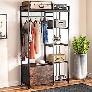 Tribesigns Freestanding Clothes Garment Rack with shelves and 2 Drawers, Heavy Duty Metal Clothing Rack, 5-Tier Closet Organizer Wardrobe Storage Closet for Home Office Dorm or Studio Apartment