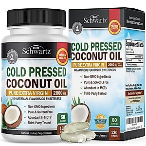Coconut Oil Capsules 2000mg - Organic Pure Extra Virgin Unrefined Cold Pressed MCT Rich & Non-GMO for Healthy Skin Nails Hair Growth Support Bloating Anti Aging Digestion - 120ct (2 Month Supply)