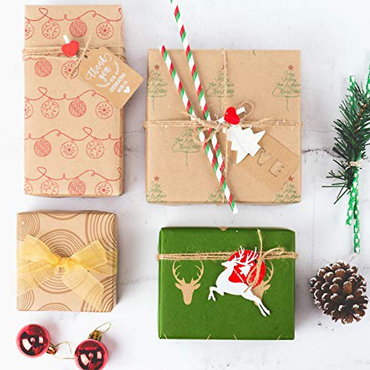 RUSPEPA Christmas Wrapping paper - Brown Kraft Paper with Red and Green Pattern For -Christmas Elements Collection-6 Roll-30Inch X 10Feet Per Roll