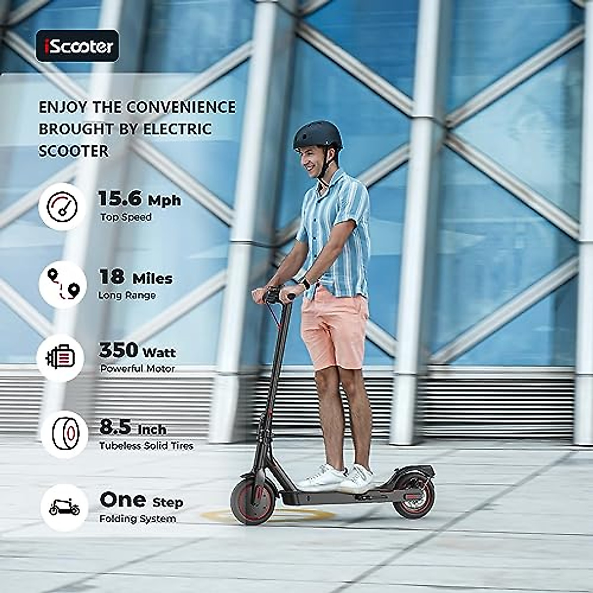 iScooter Electric Scooter, 18Miles Travel Range, 15.6 Mph Top Speed, 350W Scooter Electric with 8.5 Inch Solid Tire, Smart APP, Double Braking Systems for Kids, Teenage and Adults - i9