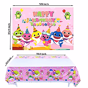 Pink Shark Baby Backdrop and Tablecloth,5x3ft Polyester Shark Photography Background Undersea World Shark Table Cover 70.8x42.5 Inch for Girls Birthday Decorations