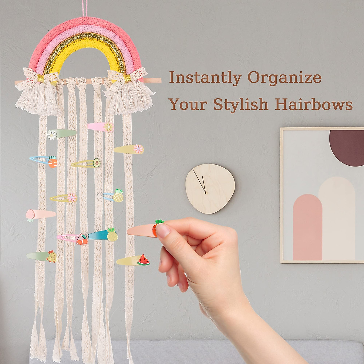 WAKOEGOFU Rainbow Tassels Hair Bows Holder Hanging - Baby Hair Accessories Storage Headband Holder Hair Clips Organizer Wall Hanger Decor for Baby Girls Room Ornament (Pink Yellow)