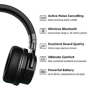 Tapvos E7 Pro Active Noise Cancelling Headphones Over Ear Bluetooth Headphones, Deep Bass, Built-in Microphone, Comfortable Fit, 30 Hours Wireless Headphones for Cellphone/PC/Tablet, Dull Black