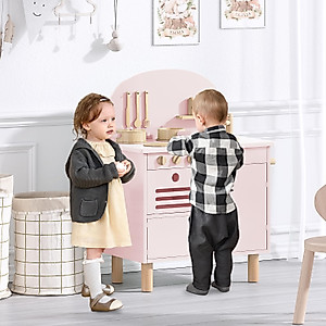 cuoote Play Kitchen Set for Kids Toddlers, Toddler Kitchen Set, Wooden Mini Pretend Kitchen playset for Boys and Girls, Toy Kitchen Gift for Girls and Boys, Gift for Ages 3+, Pink