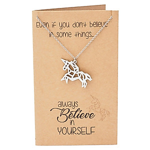 quan jewelry Handmade Origami Unicorn Pendant Necklace, Animal Jewelry Graduation Gifts for Women & Men with Inspirational Greeting Card, Adjustable 16" to 18" - Handcrafted
