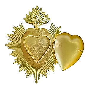ESNOY Sacred Heart, Gold Metal Milagro Heart Wall Ornament, Mexican Home Eclectic Decor, Heart Box Catholic Gift for First Holy Communion Confirmation Housewarming Christmas