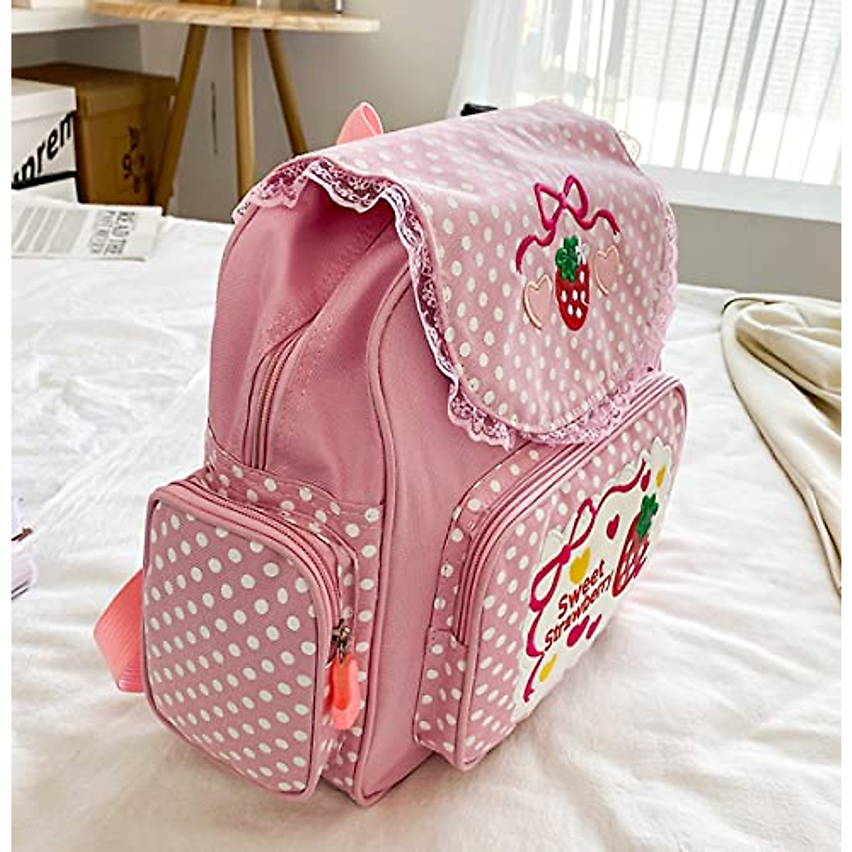 Cutemoria Girl's Kawaii Backpack Japanese Sweet Strawberry Embroidery School Backpack Casual Daypack Cute Lace Flap Backpacks, Pink, One Size