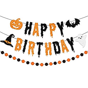 PTFNY Glittery Halloween Happy Birthday Banner Black Orange Halloween Birthday Bunting Banner Halloween Circle Dots Garland Halloween Themed Birthday Party Decorations for Wall Fireplace Party Decor